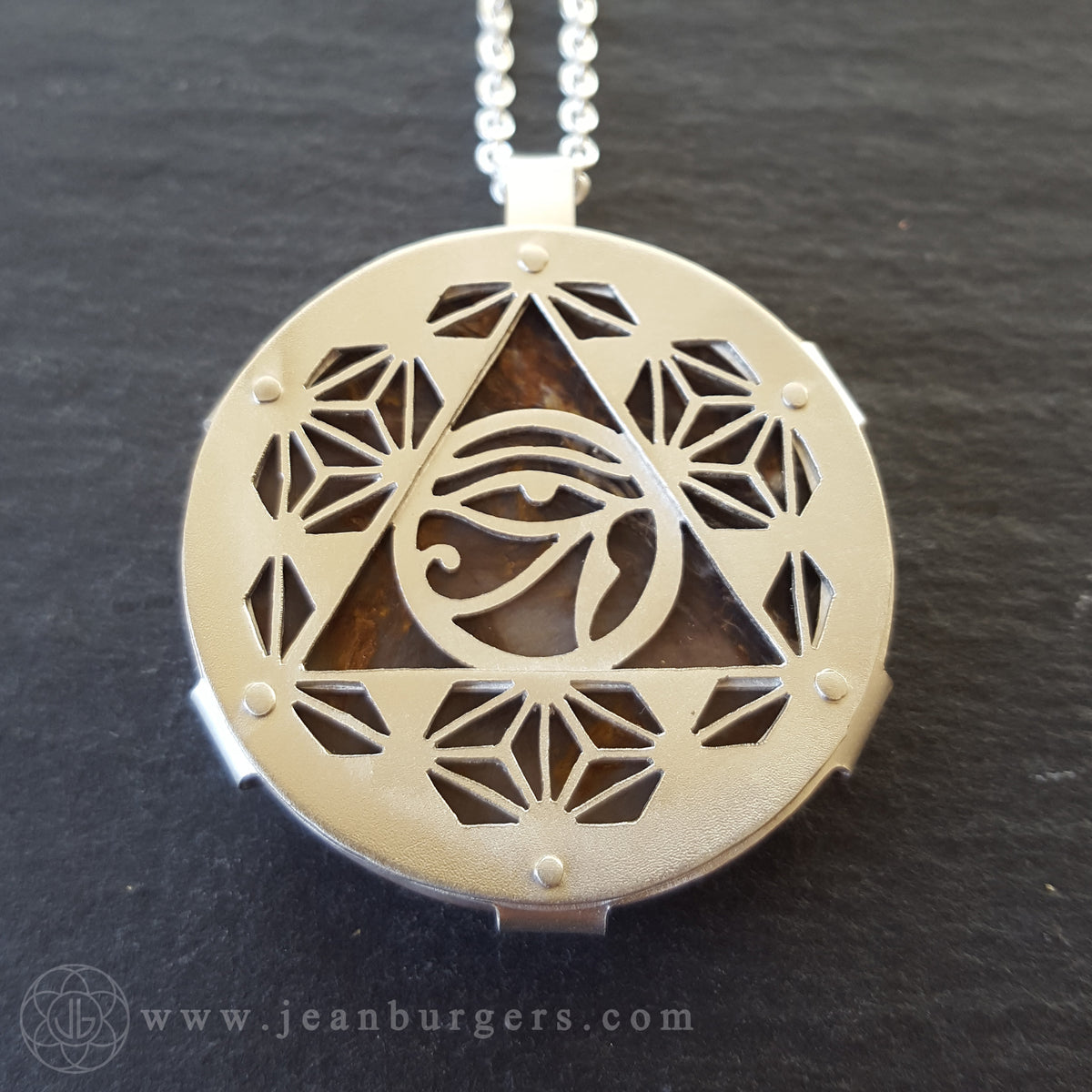 Handcut Petrified Wood Asanoha Eye of Ra Pendant – Jean Burgers Jewellery